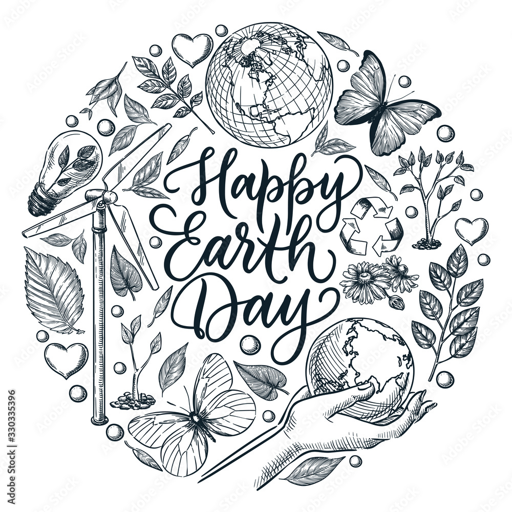 Earth Day calligraphy lettering banner poster design. Vector sketch ...