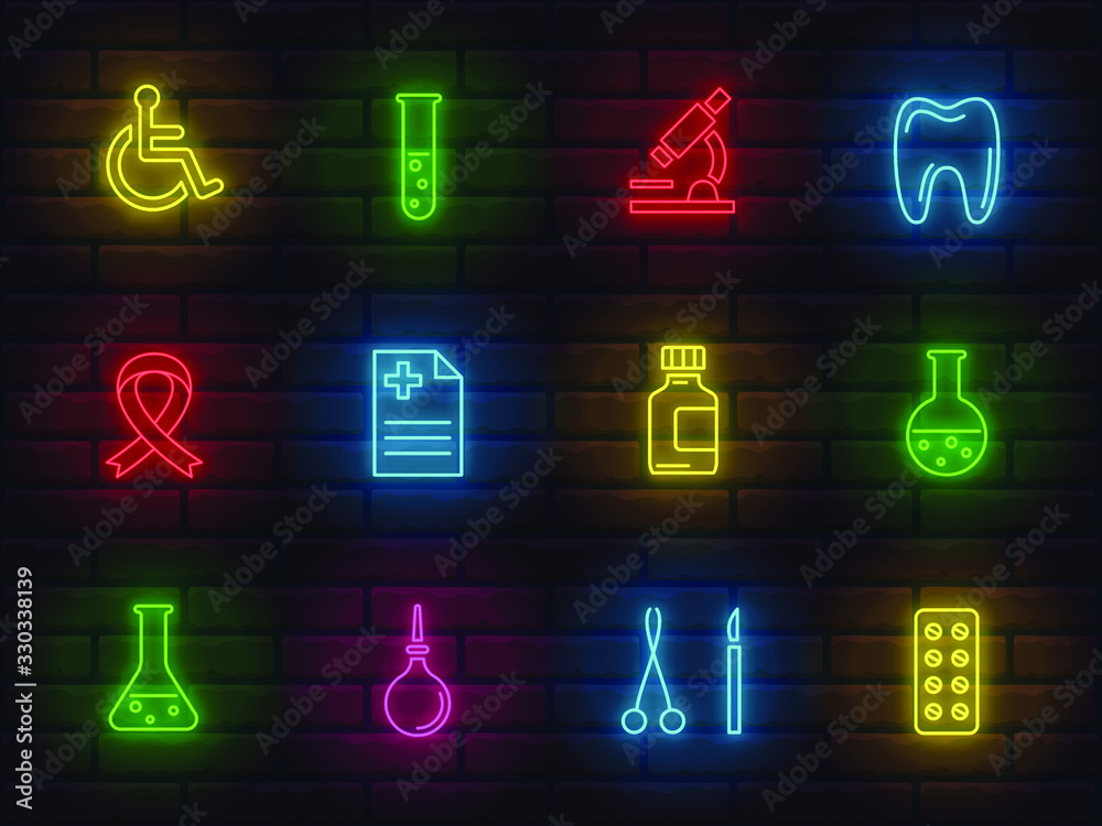 medical topic colorful neon icons set on a brick wall background ...