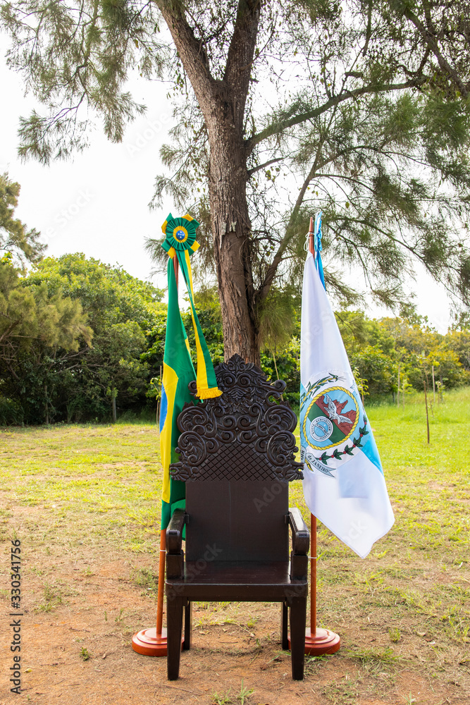 graduation chair and straw, with flags of brazil and state of rio de ...