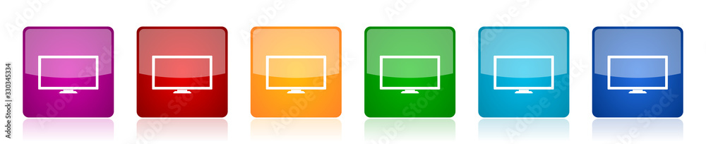 Screen, tv icon set, colorful square glossy vector illustrations in 6 ...