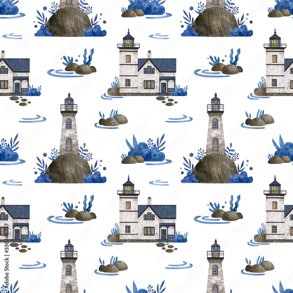 Watercolor seamless pattern with lighthouses. Sea elements on white ...
