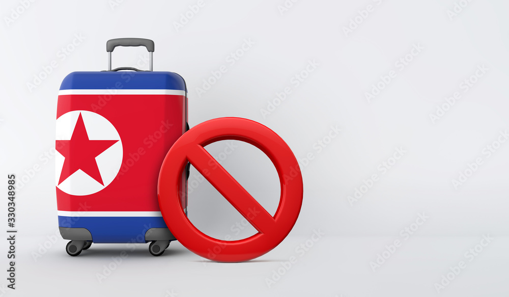North Korea flag suitcase with no entry sign. Travel ban concept. 3D ...