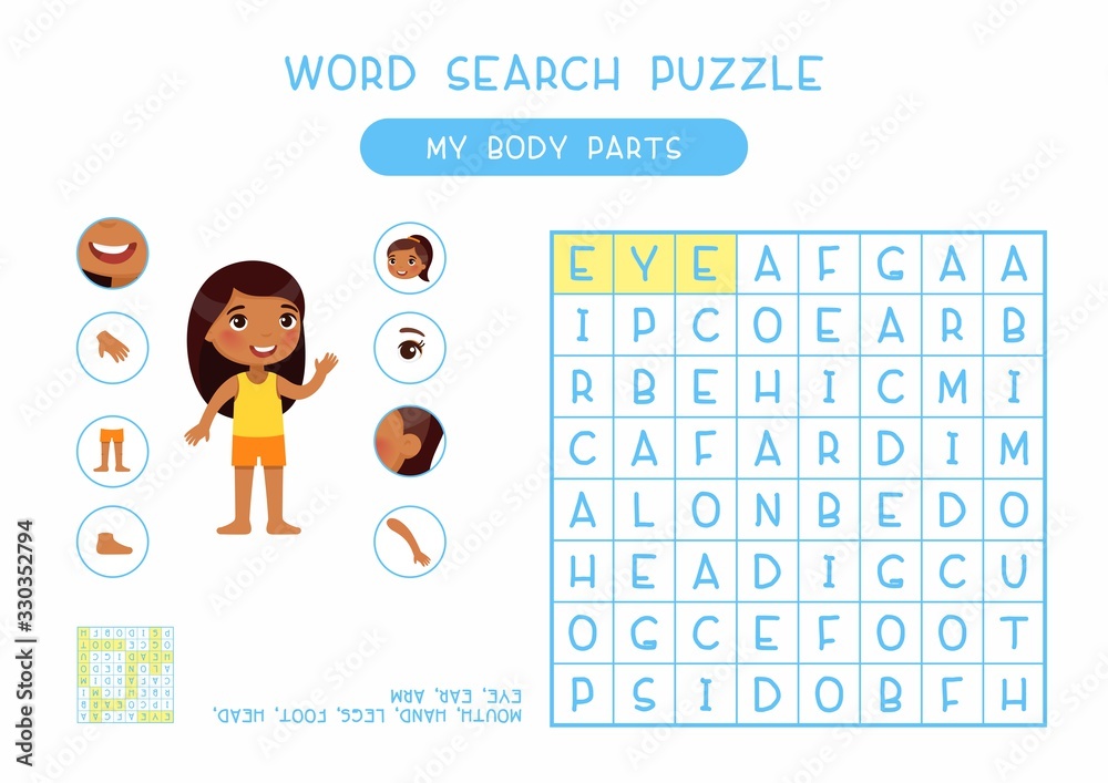 My body parts word search puzzle flat vector design. Anatomy learning ...