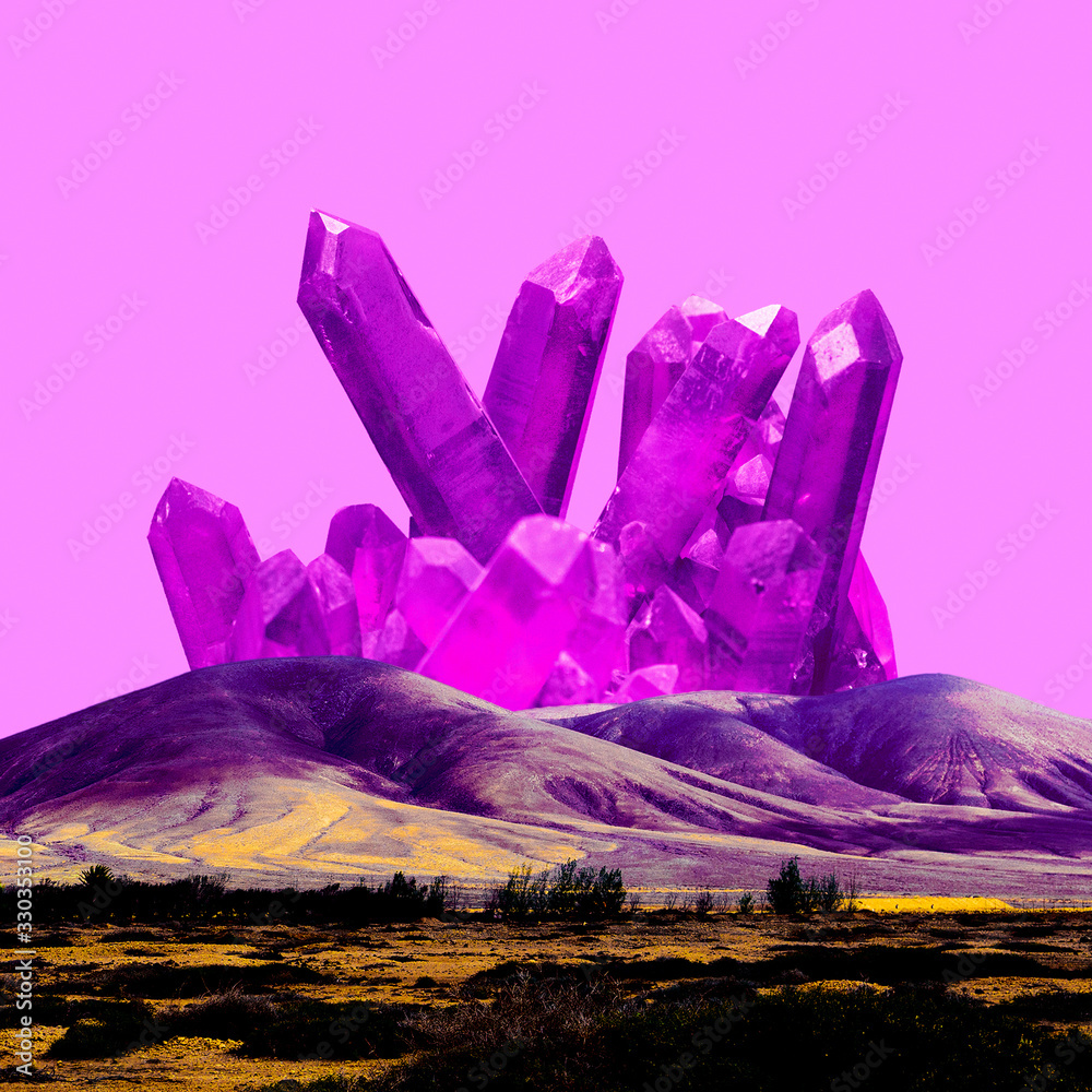 Contemporary art collage. Futuristic crystal landscape Stock Photo ...