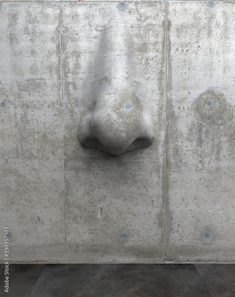 Cement sculpture in the shape of a human nose on a concrete wall ...