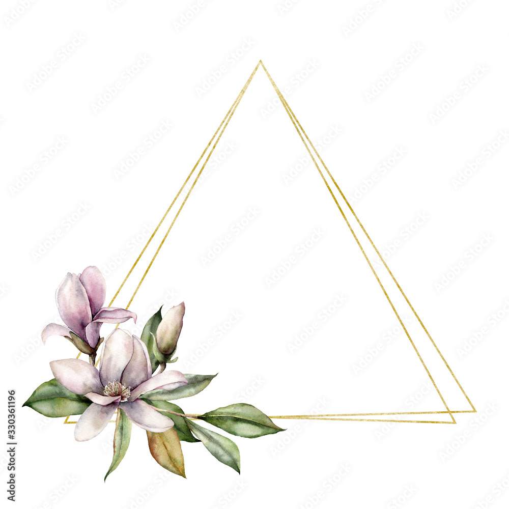 Watercolor golden triangle frame with magnolia. Hand painted holiday ...