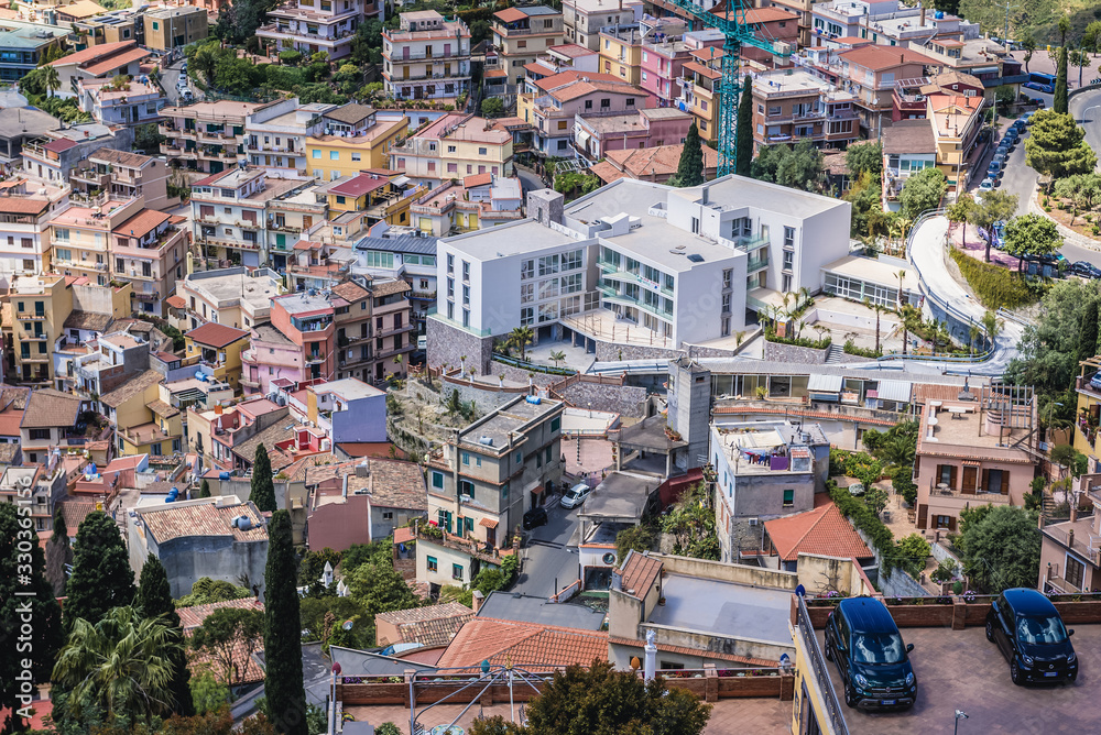 Taormina city on Sicily Island - view from stairs of Way of Cross ...
