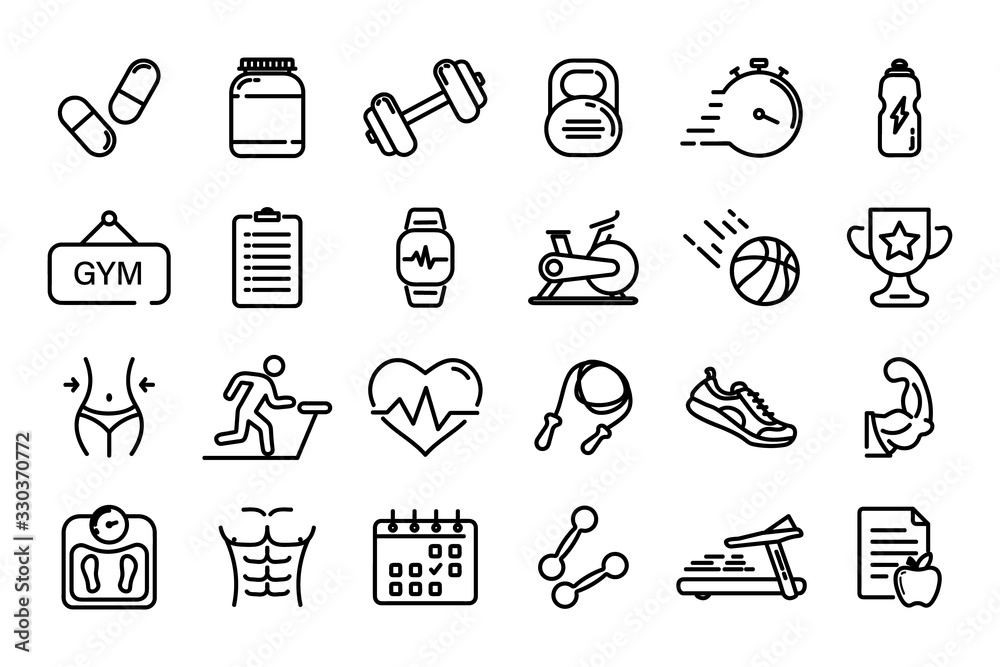 Set of Thin line icons Fitness and Sport. Collection Outline symbol ...