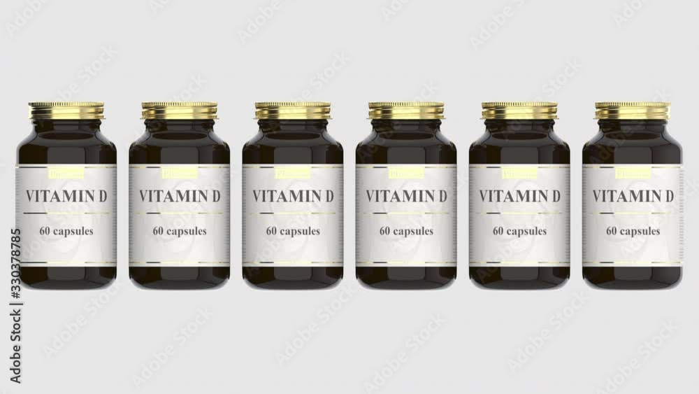 Pharmacy glass bottles with generic vitamin D capsules and fictional ...