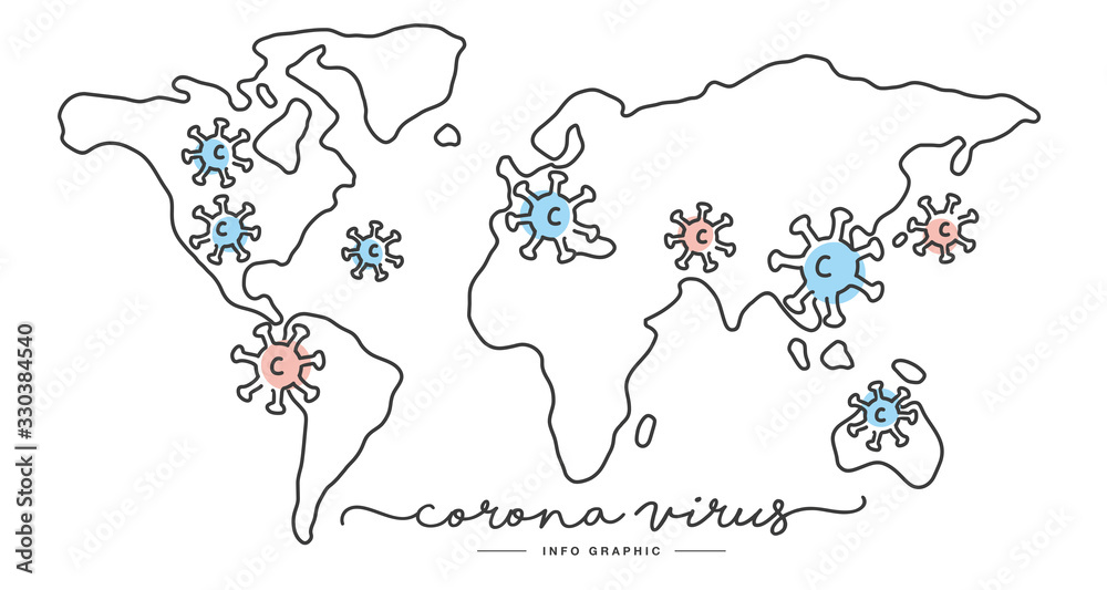 Corona virus handwritten line design world map draw info graphic white ...