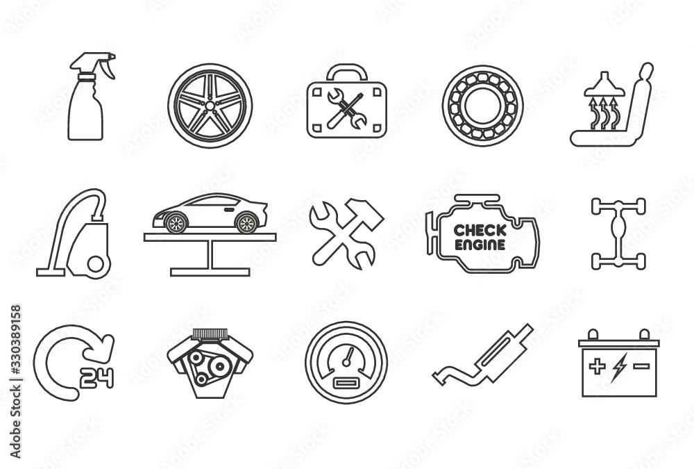 Vector line icons with open path car service, auto repair and transport ...