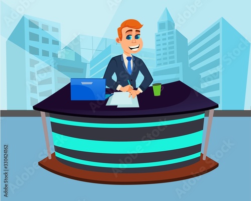 Cartoon Man Breaking News Presenter in Studio. Media Newsroom Flat ...