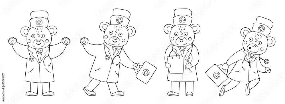 Set of vector outline bear doctors in medical hat with stethoscope ...