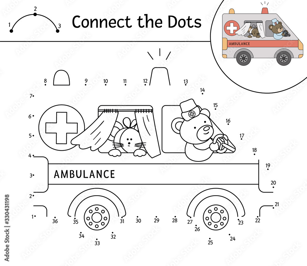 Vector dot-to-dot activity with ambulance and cute animals. Connect the ...