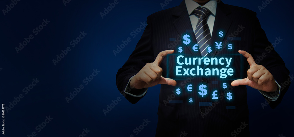 Currency Exchange text in digital format with Business person, Currency ...