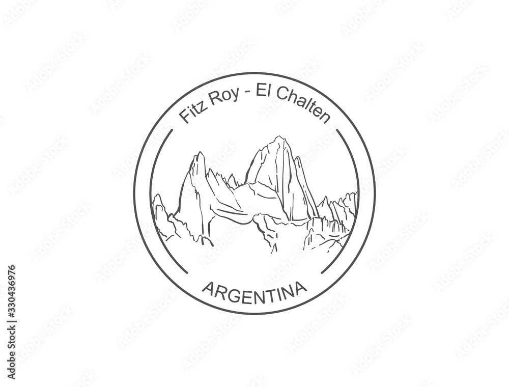 Fitz Roy mountain in Patagonia, Round stamp logo sticker template. Hand ...