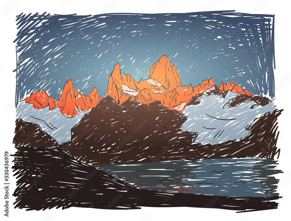 Vecteur Stock Sketch of Fitz Roy mountain massif at sunrise and Laguna ...