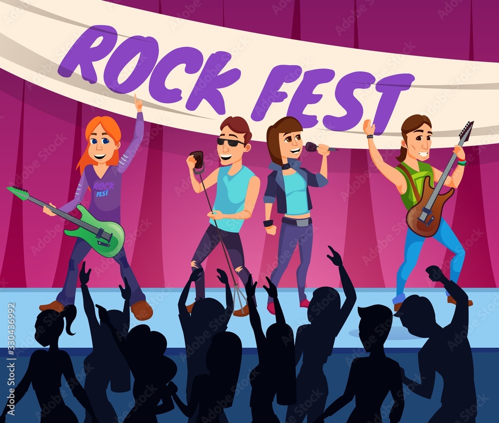 Bright Poster Music Fun Rock Fest Cartoon Flat. Flyer Modern Open ...