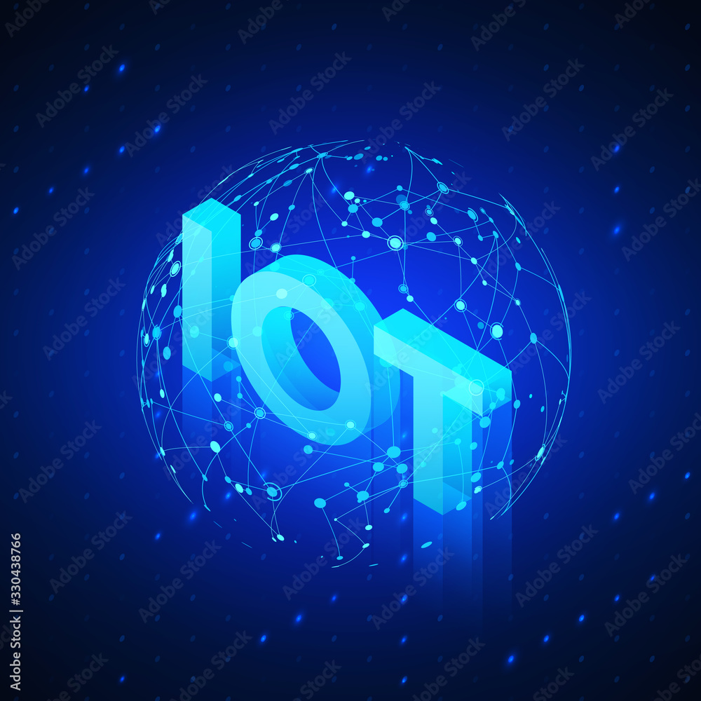 Global network hologram with text IOT incide. Technology blue isometric ...