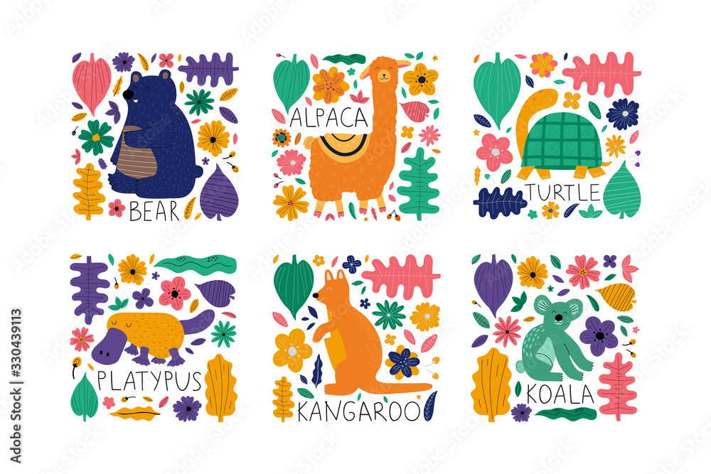 Hand drawn colorful animals collection with flowers and leaves. Cute ...