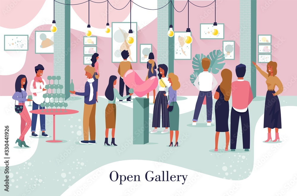 Artistic Poster Advertising Open Gallery Event. Cartoon Male Female ...
