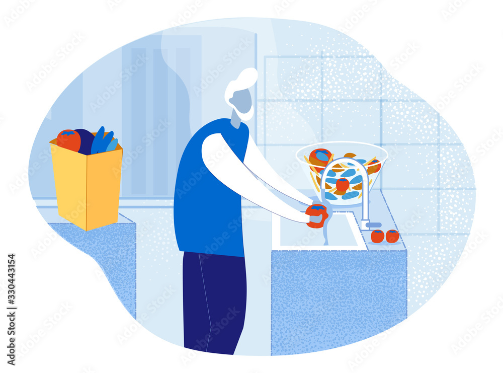 Cartoon Aged Senior Man Character Washing Vegetables in Kitchen at Home ...