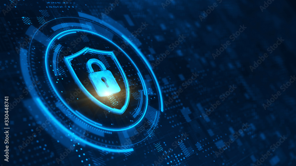 Shield and padlock. Abstract illustration on dark blue. Protect and ...