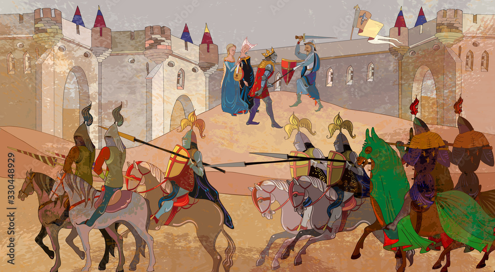 Medieval battle scene. Crusade. Knights, cavalry, archers. Middle Ages ...