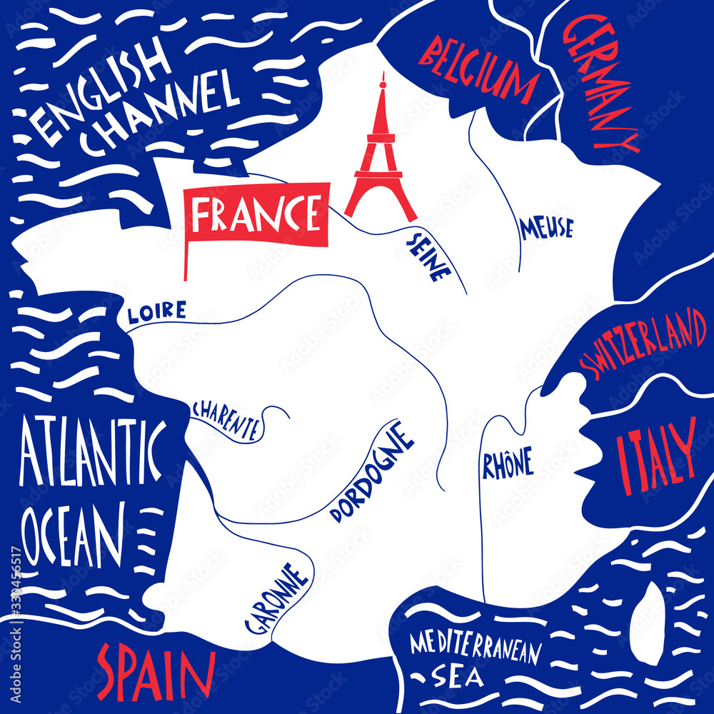 Vector hand drawn stylized map of France. Travel illustration with ...