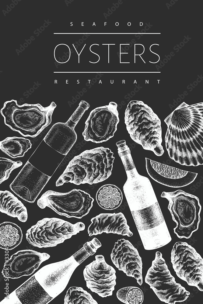Oysters and wine design template. Hand drawn vector illustration on ...