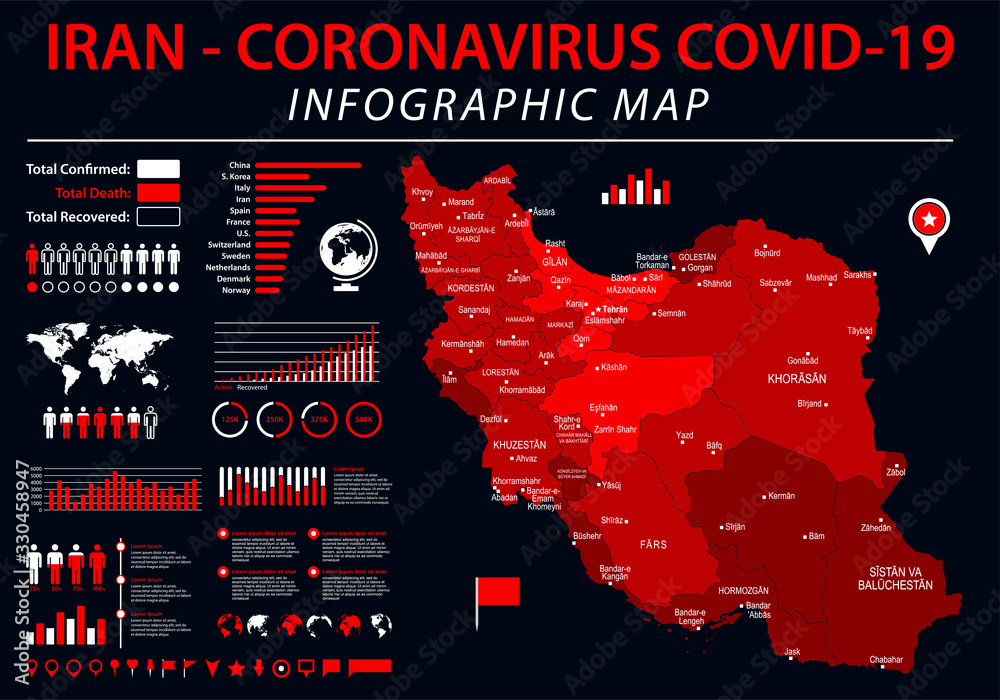 Iran Map - Coronavirus COVID-19 Infographic Vector Stock Vector | Adobe ...