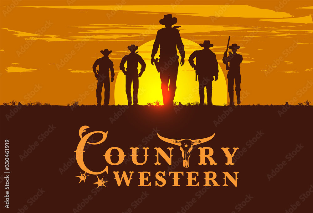 Silhouette of five cowboys walking forward, Vintage sign Stock Vector ...