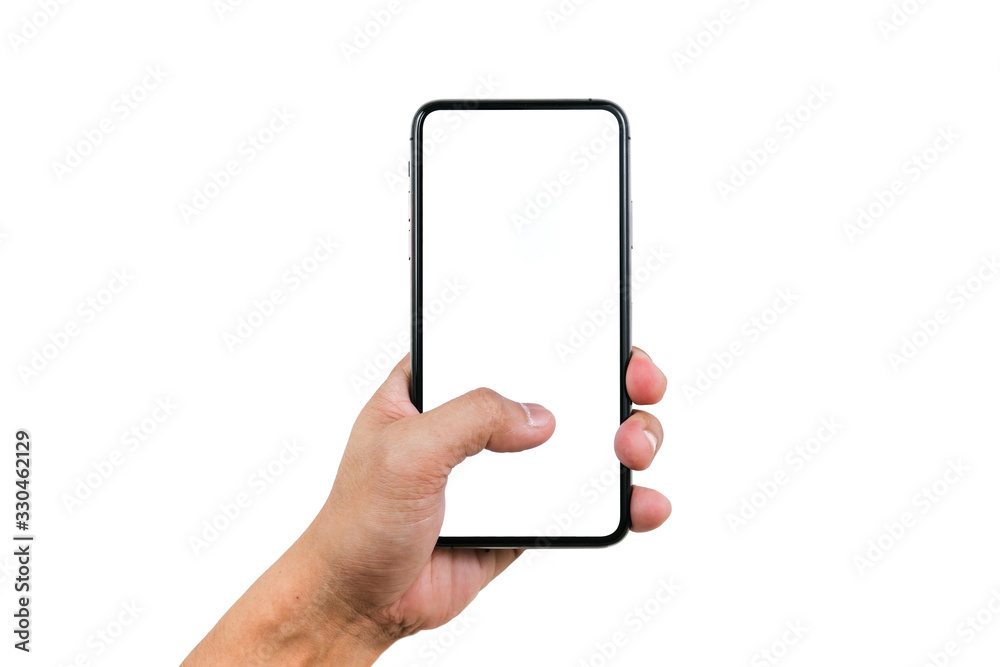 Hand holding the mobile phoen and using the thumb to touch the screen ...