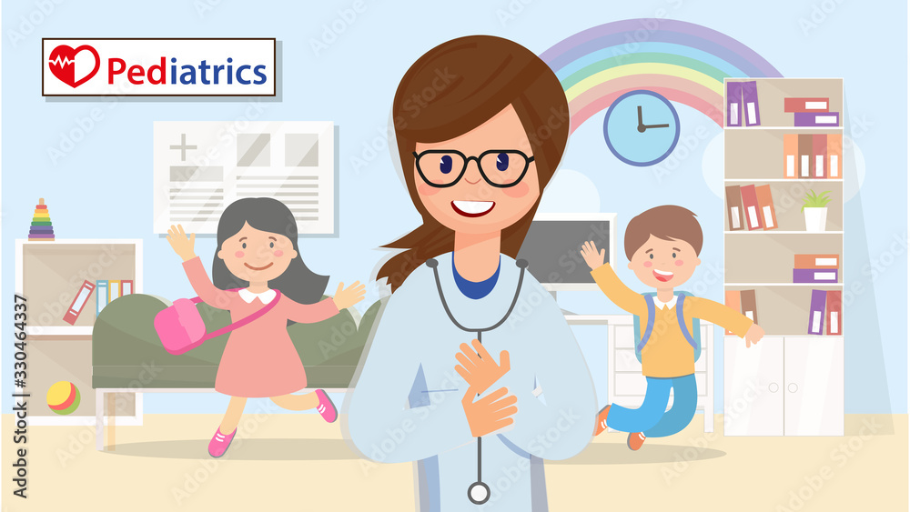 Pediatrics Banner. Smiling Woman Doctor Standing in Uniform with ...
