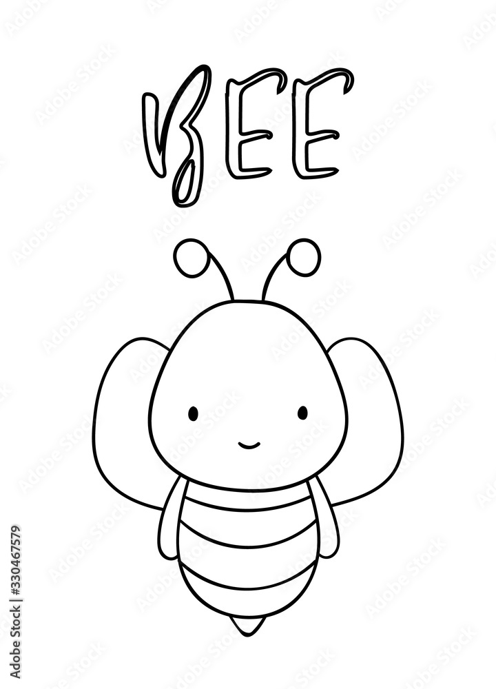 Coloring pages, black and white cute hand drawn bee doodle, lettering ...