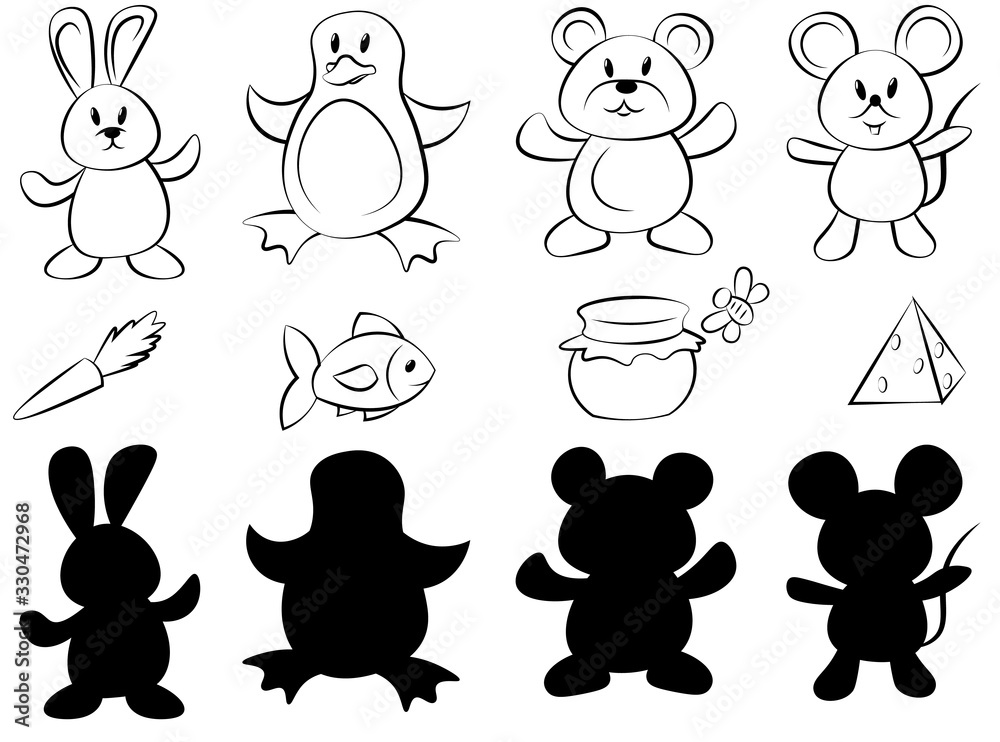 Vector set of cartoon animals with their shadows. Set for children play ...