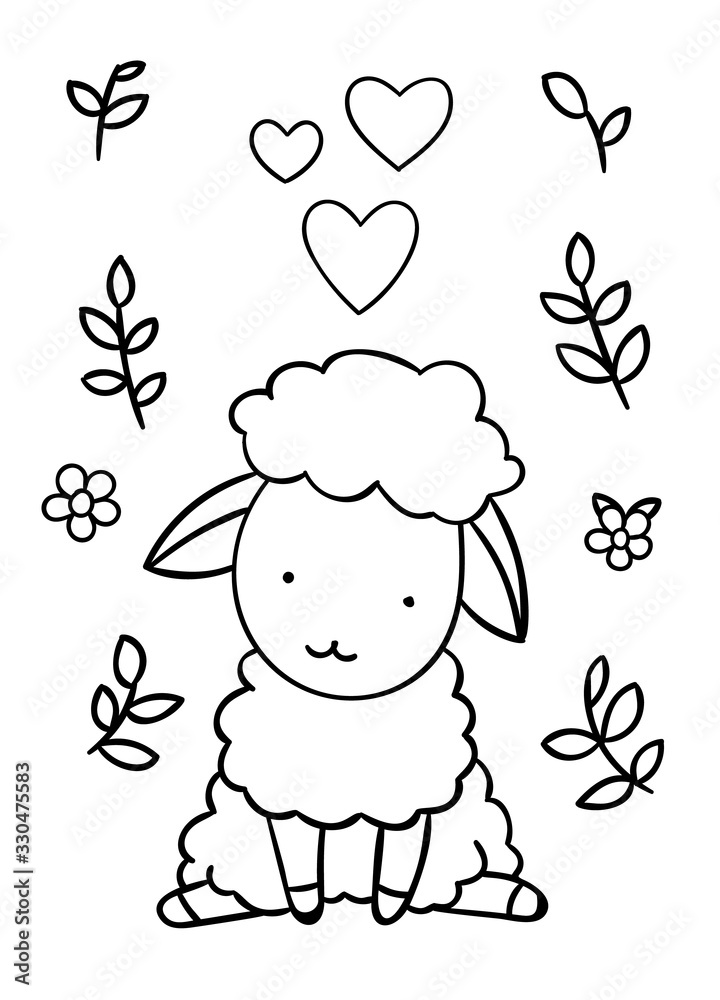 Coloring pages, black and white cute hand drawn sheep and hearts ...