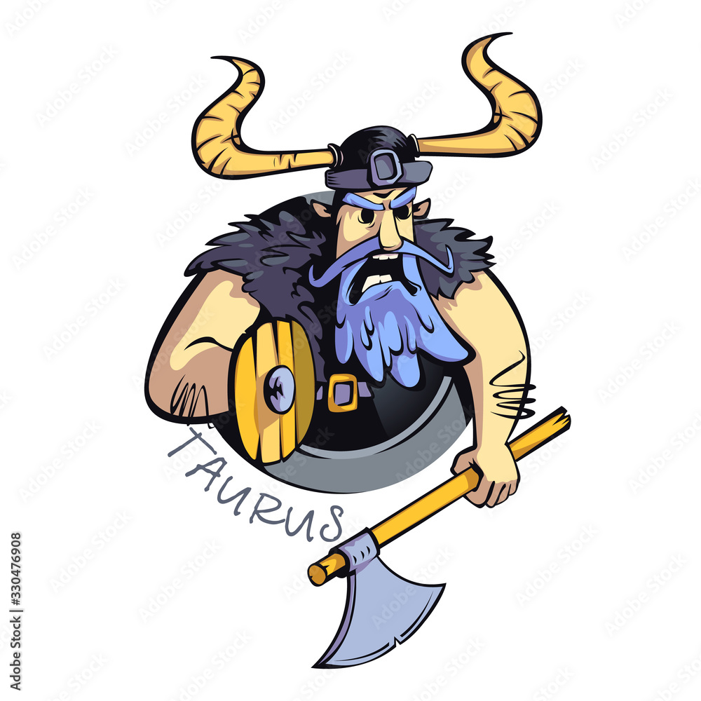 Taurus zodiac sign man flat cartoon vector illustration. Angry warrior ...