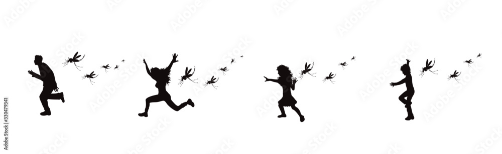 Set of vector silhouette of people who runs away mosquito on white ...