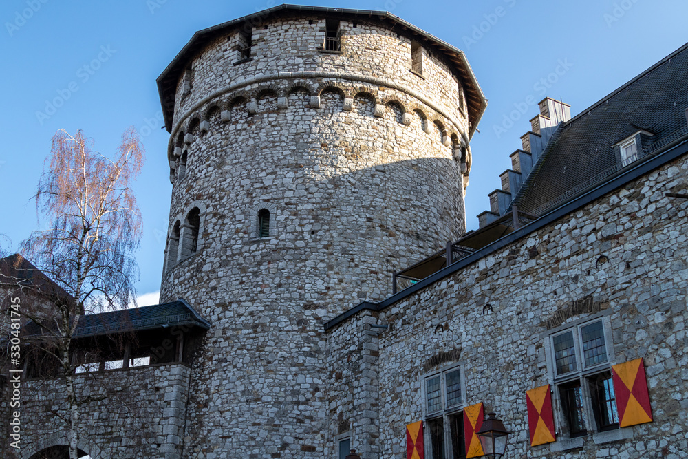 Low angle view at a tower of Stolberg castle in Stolberg, Eifel Stock ...
