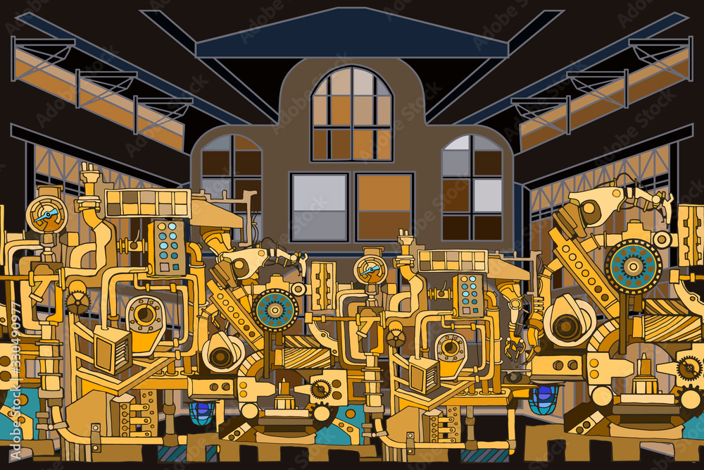 Fantasy technology or factory illustration with decorative machine ...