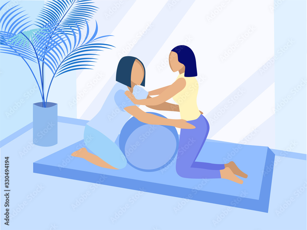 Female Physiotherapist Working with Patient on Fitball. Cartoon People ...