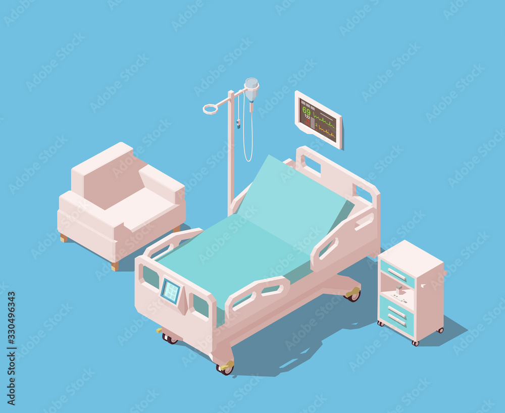 Vector isometric hospital bed with medical equipments. Isolated ...