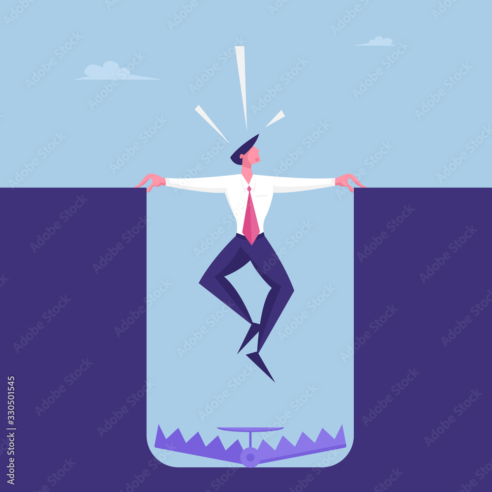 Scared Businessman Character Hanging above Deep Hole with Trap on ...