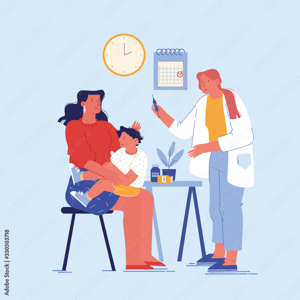 Doctor Character Put Hypodermic Injection to Baby Sitting on Mother ...