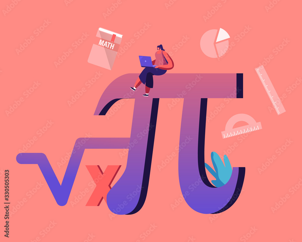 Mathematics Science and Algebra Concept. Tiny Student Female Character ...