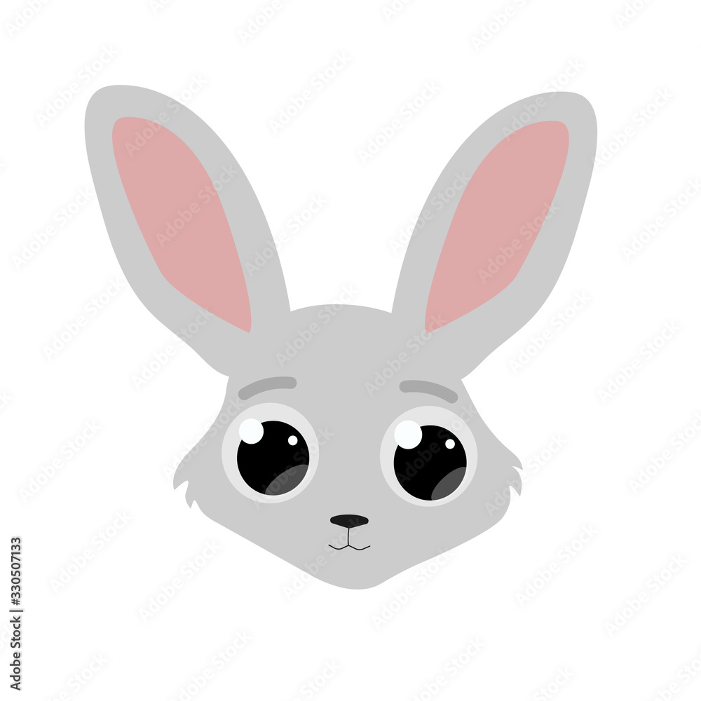 curious cute Bunny head with big eyes, cartoon flat vector illustration ...