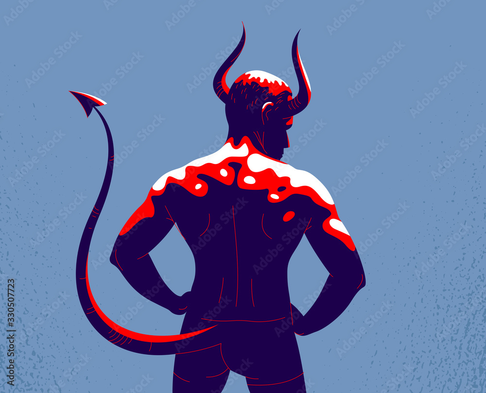 Devil muscular strong man with horns and tail from back view vector ...
