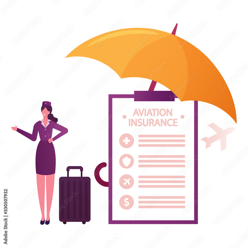 Aviation Insurance Concept. Stewardess Character with Baggage at Huge ...