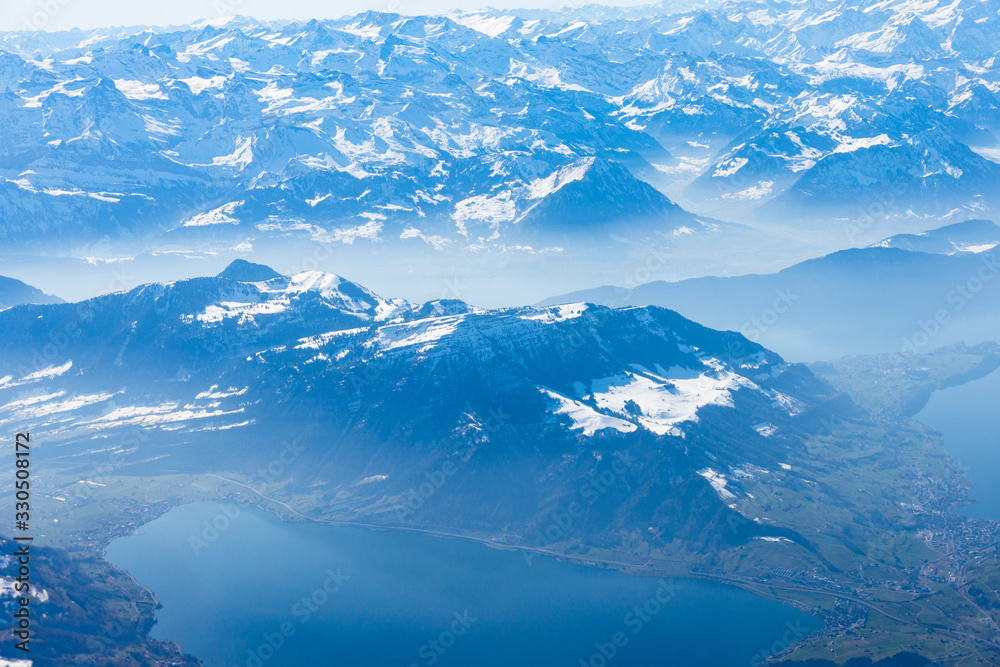 Blue planet earth unique alpine aerial panorama. High altitude aerial ...